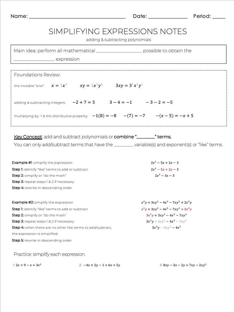 Simplifying Expressions Notes - Etsy
