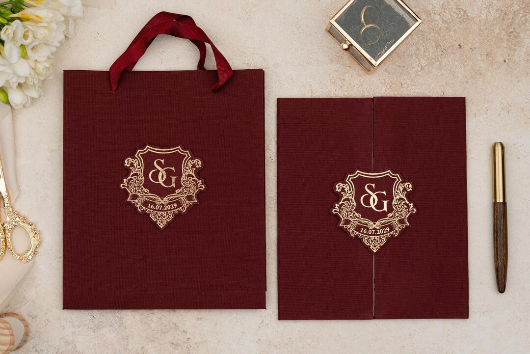 Red Linen Fabric Wedding Invitation, Gold Foil Monogram, Elegant Folded ...