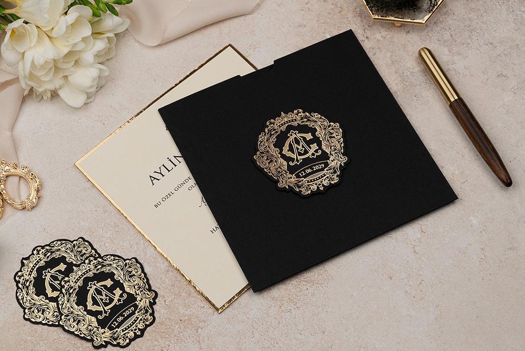 Black Wedding Invitation, Thick Cardboard Wedding Invitation, Gold ...