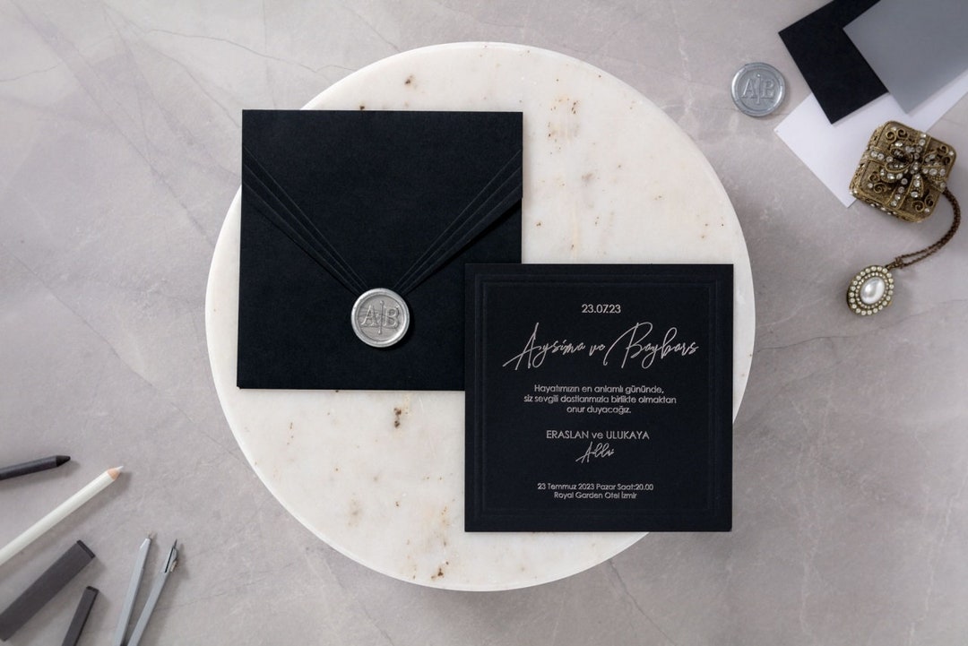 Custom Silver Printed Invitation Card, Wax Seal Invitation Card, Black ...