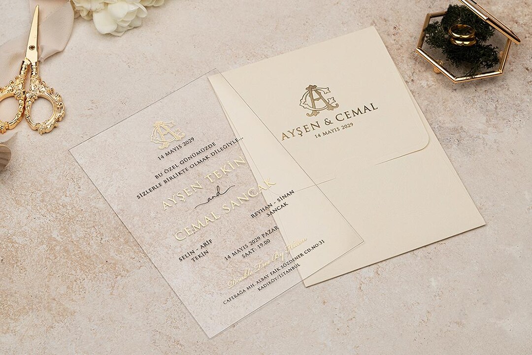 Acrylic Wedding Invitation, Transparent Card With Gold Foil, Elegant ...