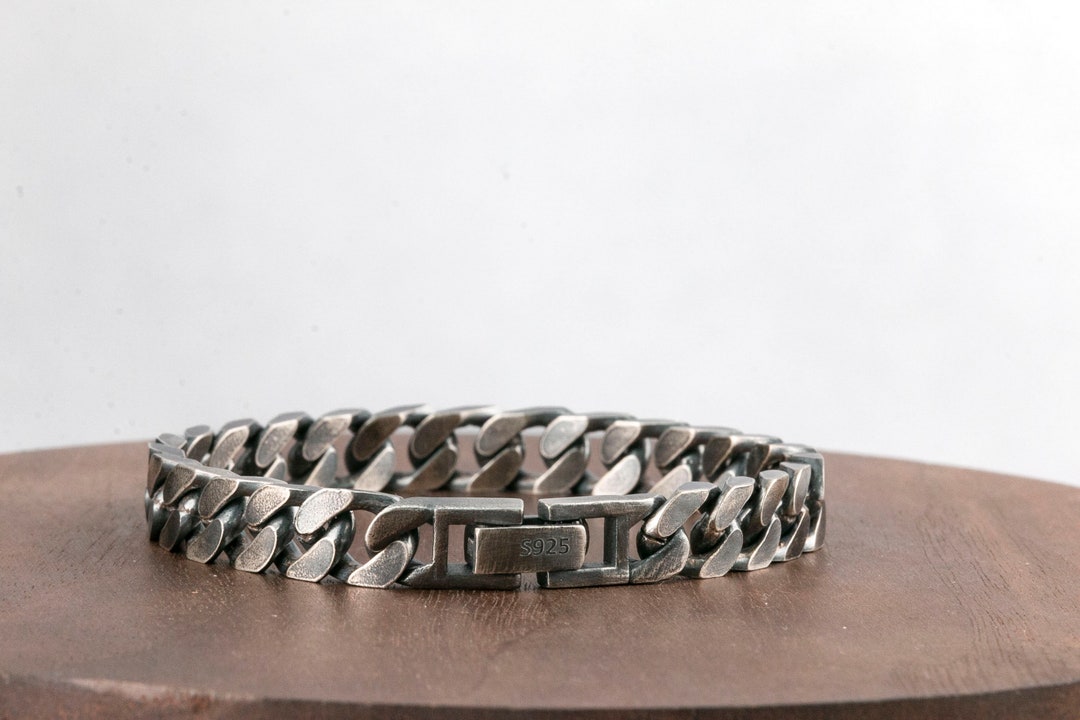 Mens Silver Bracelet Chain Cuban Bracelet 925 Sterling Silver Width 7