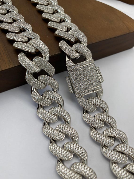 Iced Out Hip Hop Chain Men s Necklace Iced Out Bracelet Moissanite Cuban Link Chain 925 Sterling Silver Solid Silver 17mm
