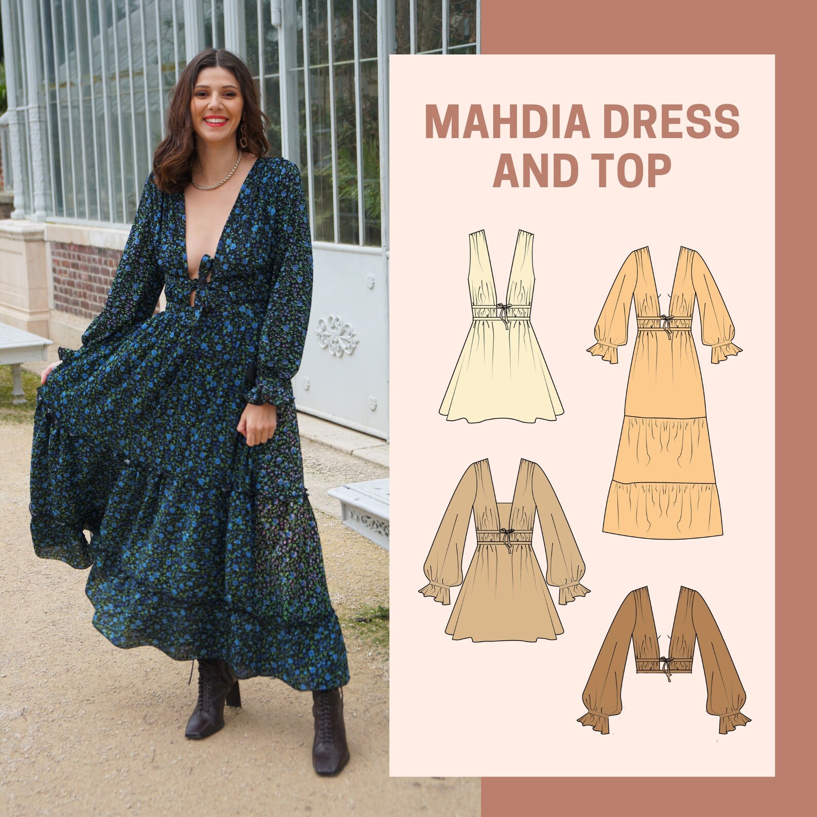 Low Cut Neckline Gathers Dress Pattern - Etsy