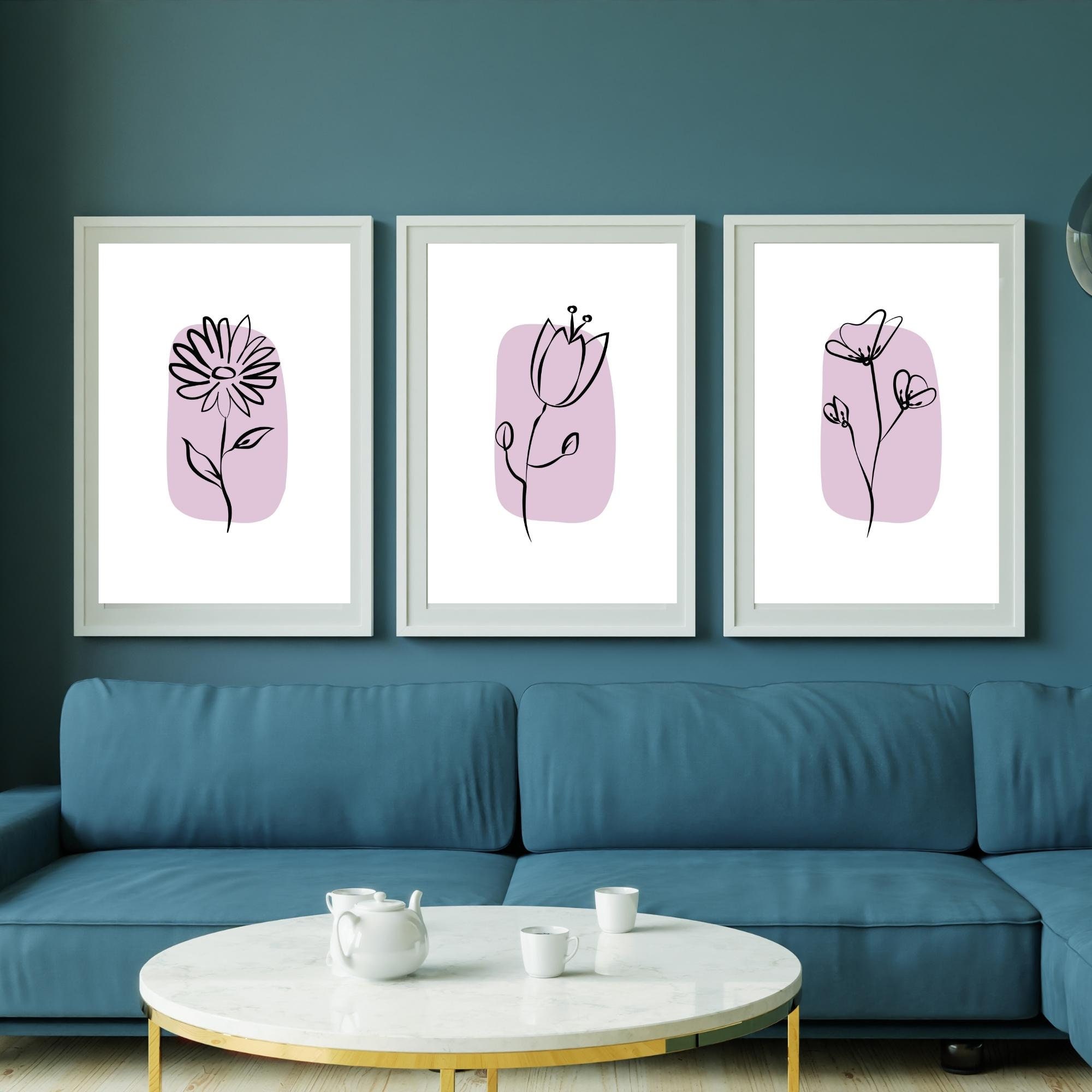 Set of 3 Pink Flowers Wall Art Line Art Basic Wall Art Printable Lines ...
