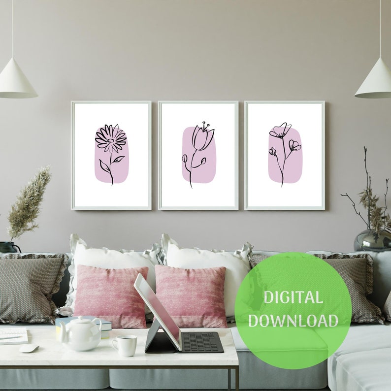 Set of 3 Pink Flowers Wall Art | Line Art | Basic Wall Art | Printable ...