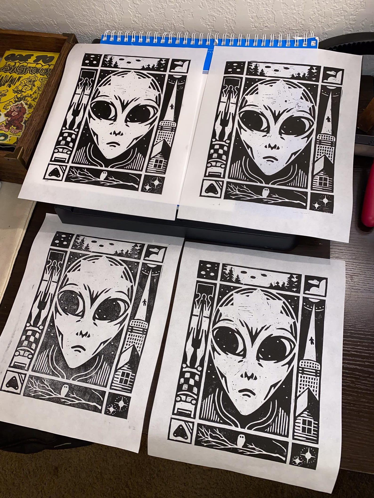 Watchers II - Linocut Art Print - Alien Abduction Handmade Linoleum ...