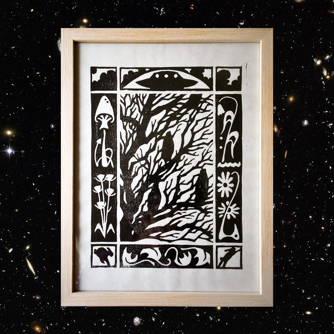 Watchers I - Linocut Art Print - Handmade UFO & Nature Linoleum Print ...