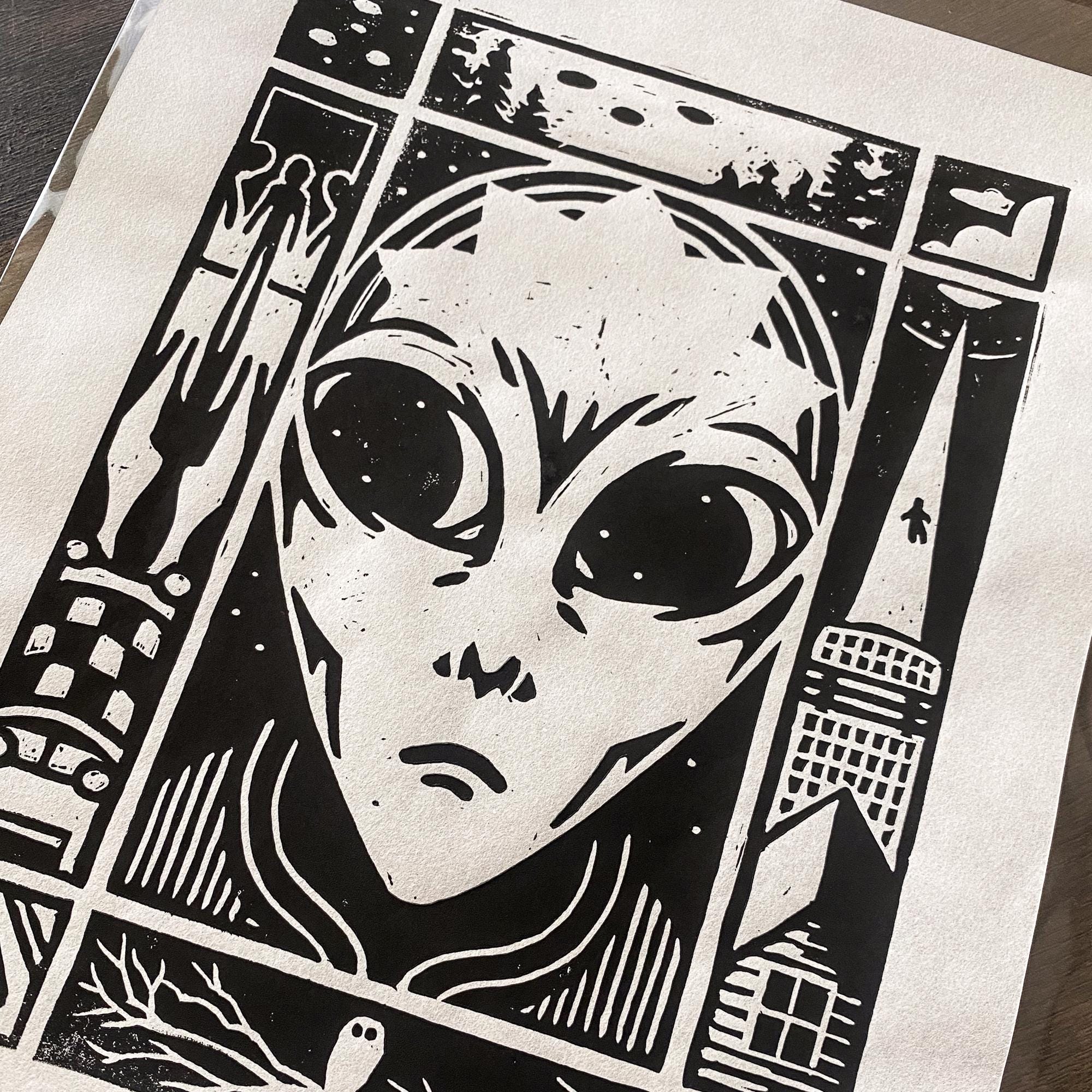 Watchers II - Linocut Art Print - Alien Abduction Handmade Linoleum ...
