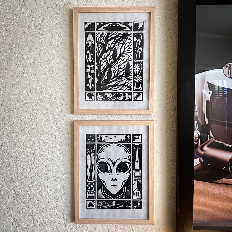 Watchers II - Linocut Art Print - Alien Abduction Handmade Linoleum ...