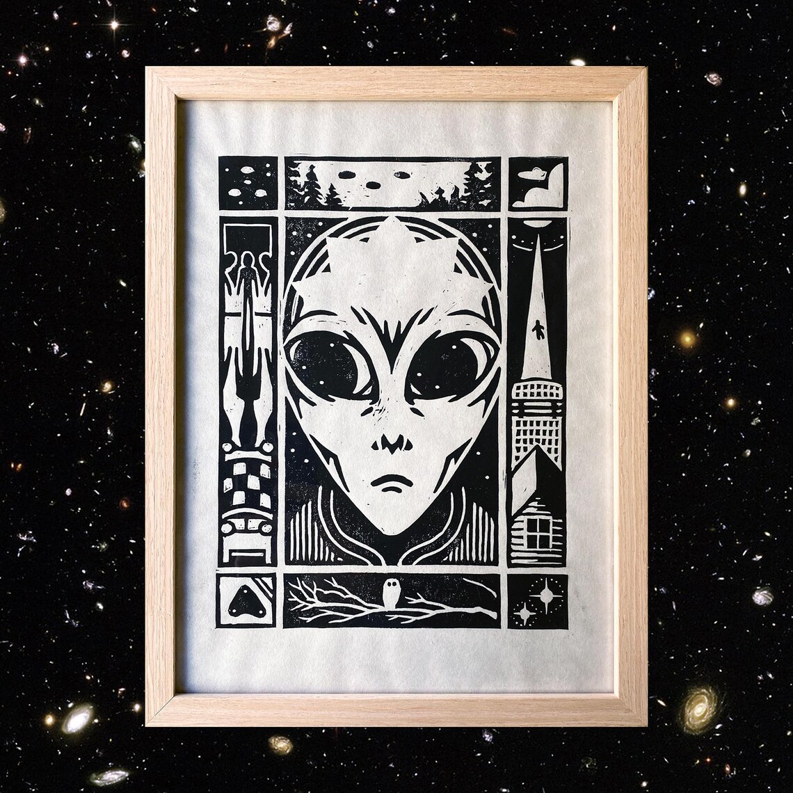 Watchers II - Linocut Art Print - Alien Abduction Handmade Linoleum ...
