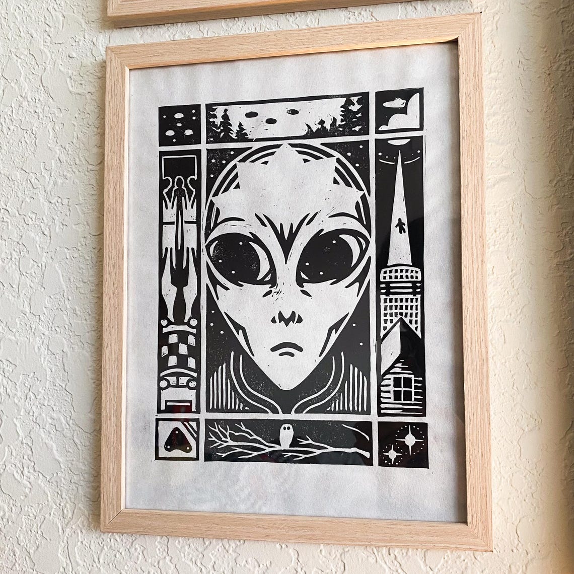 Watchers II - Linocut Art Print - Alien Abduction Handmade Linoleum ...
