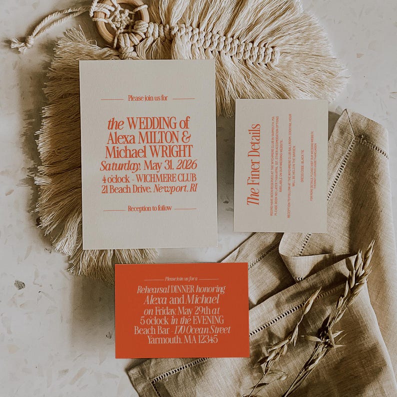 Modern Retro Wedding Invitation Bundle, Minimal Invitation Template Set ...