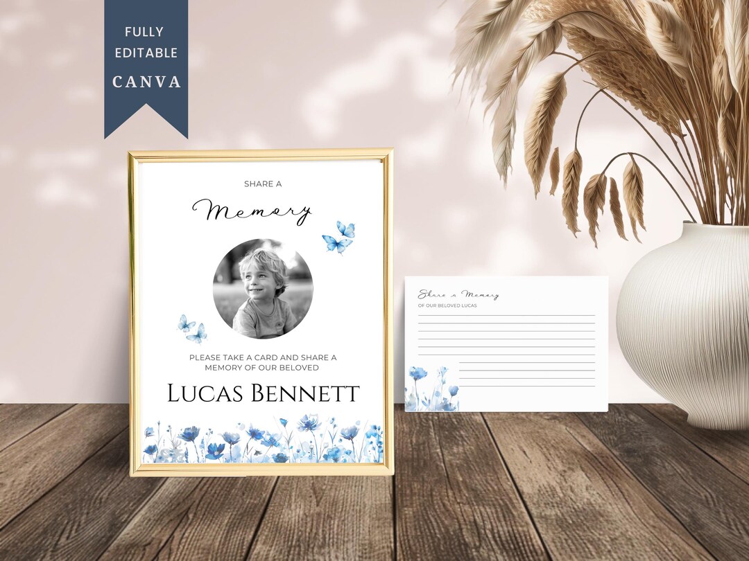Children's Funeral Memory Card and Sign With Blue Flowers and ...