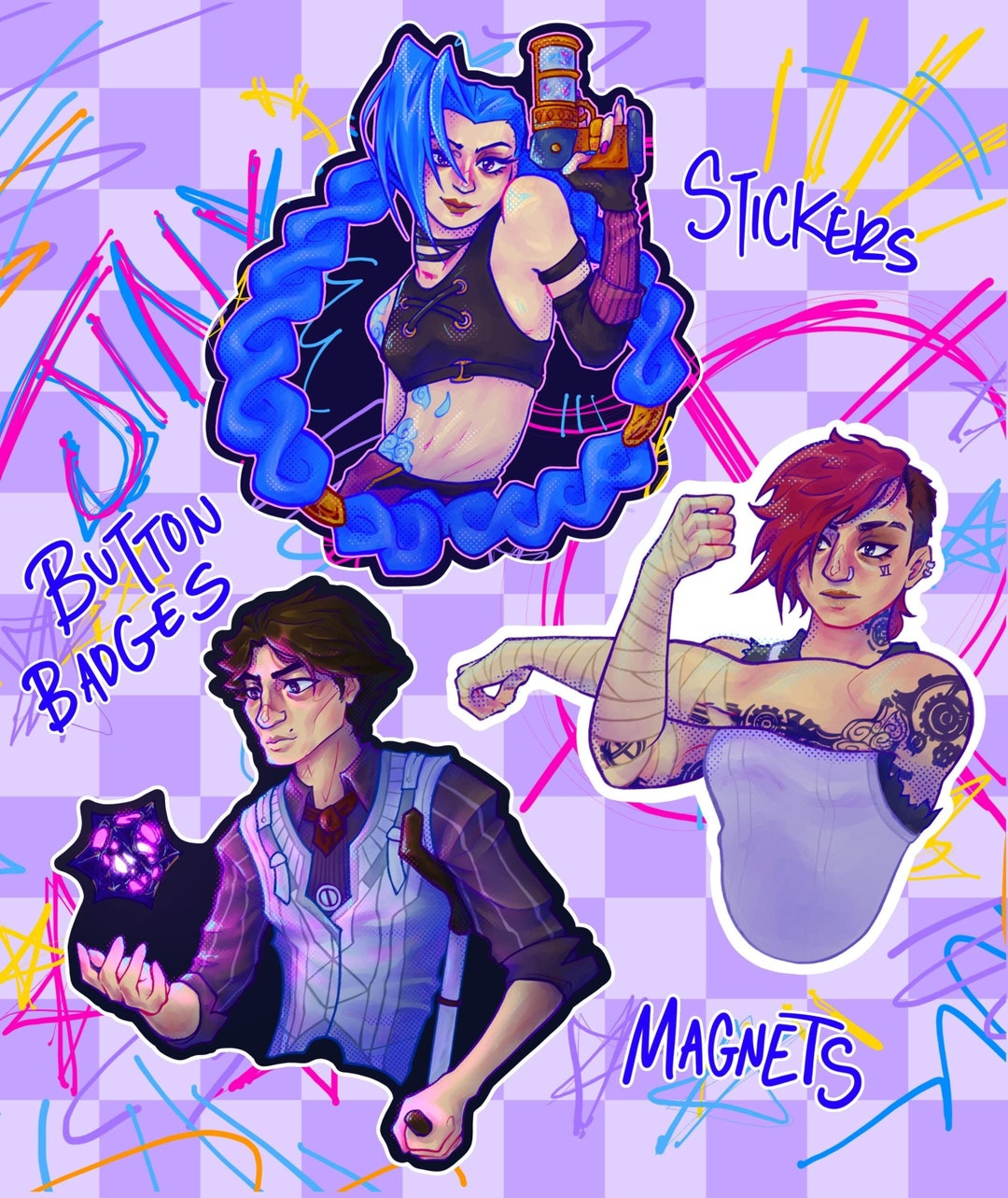 Arcane Inspired Stickers, Button Badges and Magnets - Jinx, Vi and ...