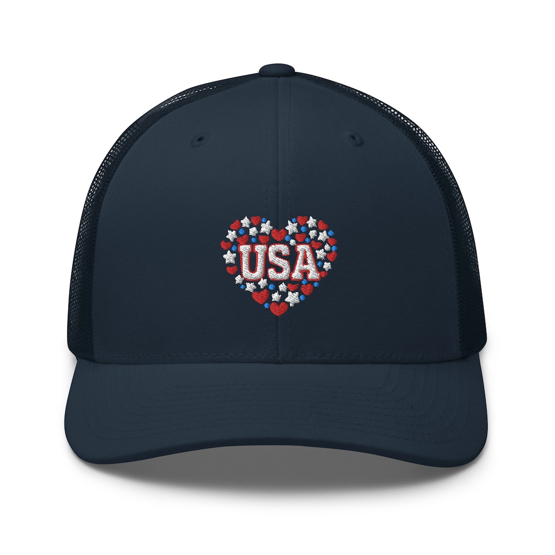USA Heart Embroidered Trucker Cap - USA Flag Cap, Patriotic Hat, July ...