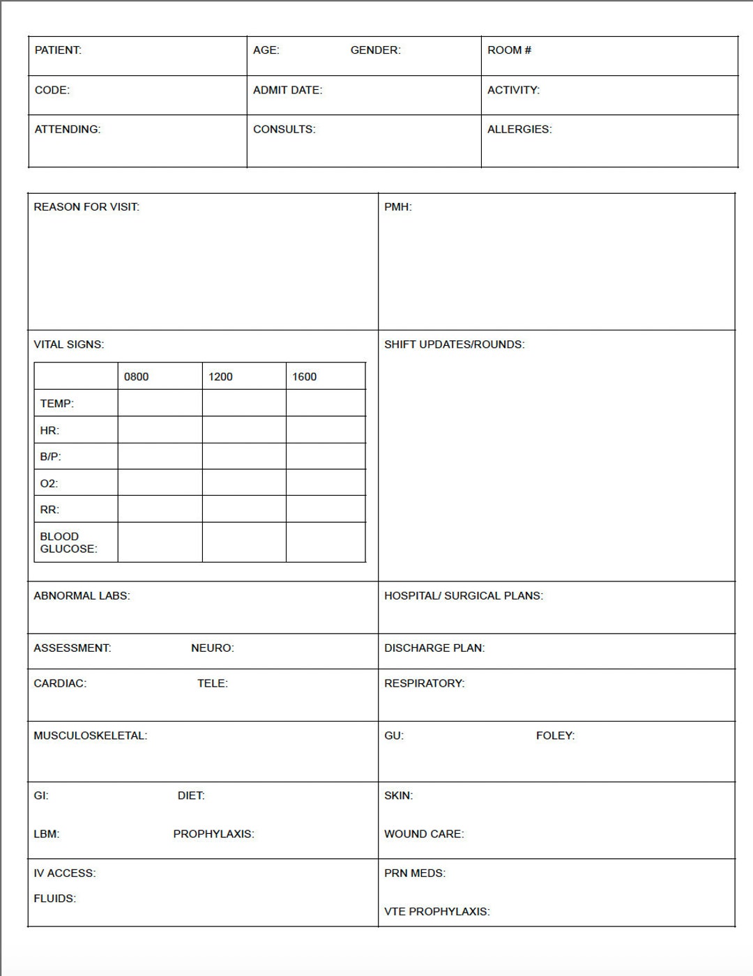 Simple Nursing Report Sheet - Etsy
