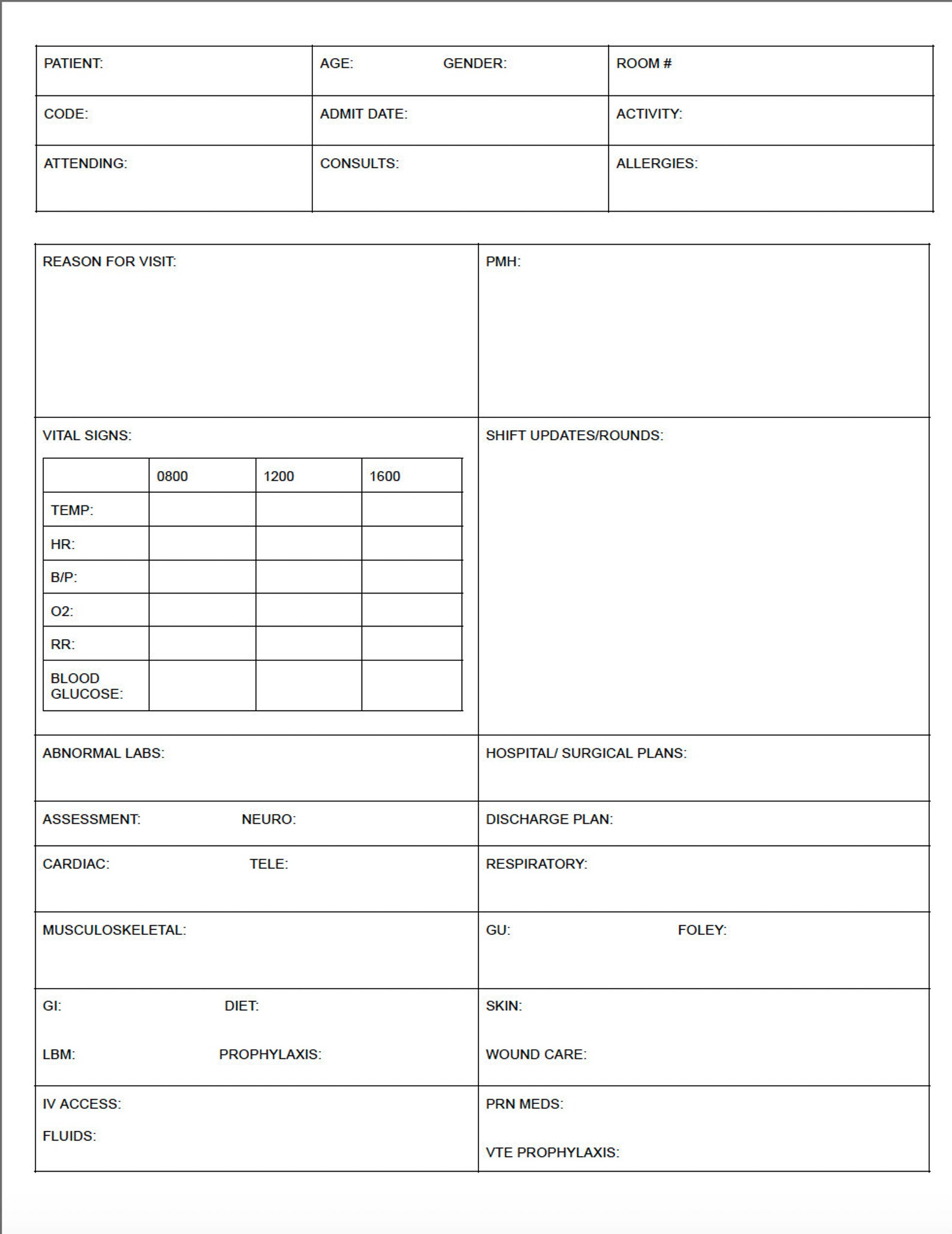 Simple Nursing Report Sheet - Etsy