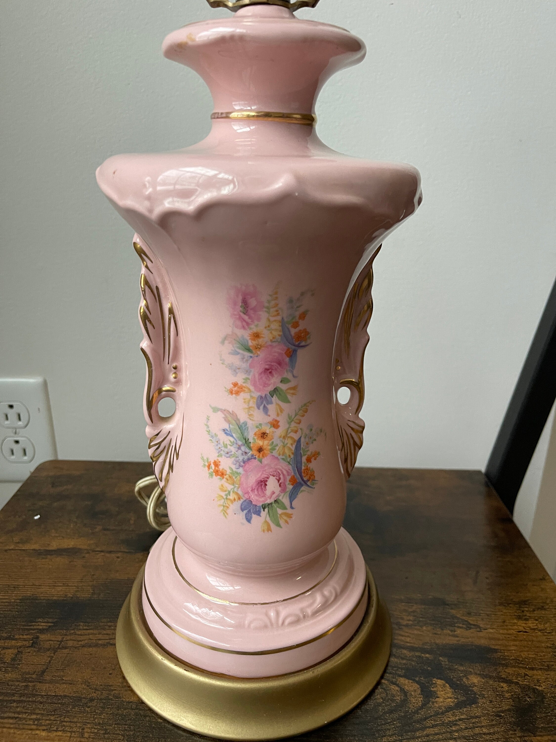 Vintage Pink and Gold Trim Porcelain Lamp With Flowers Romantic ...