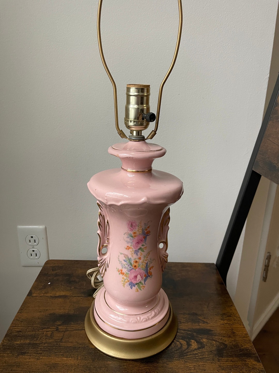 Vintage Pink and Gold Trim Porcelain Lamp With Flowers Romantic ...
