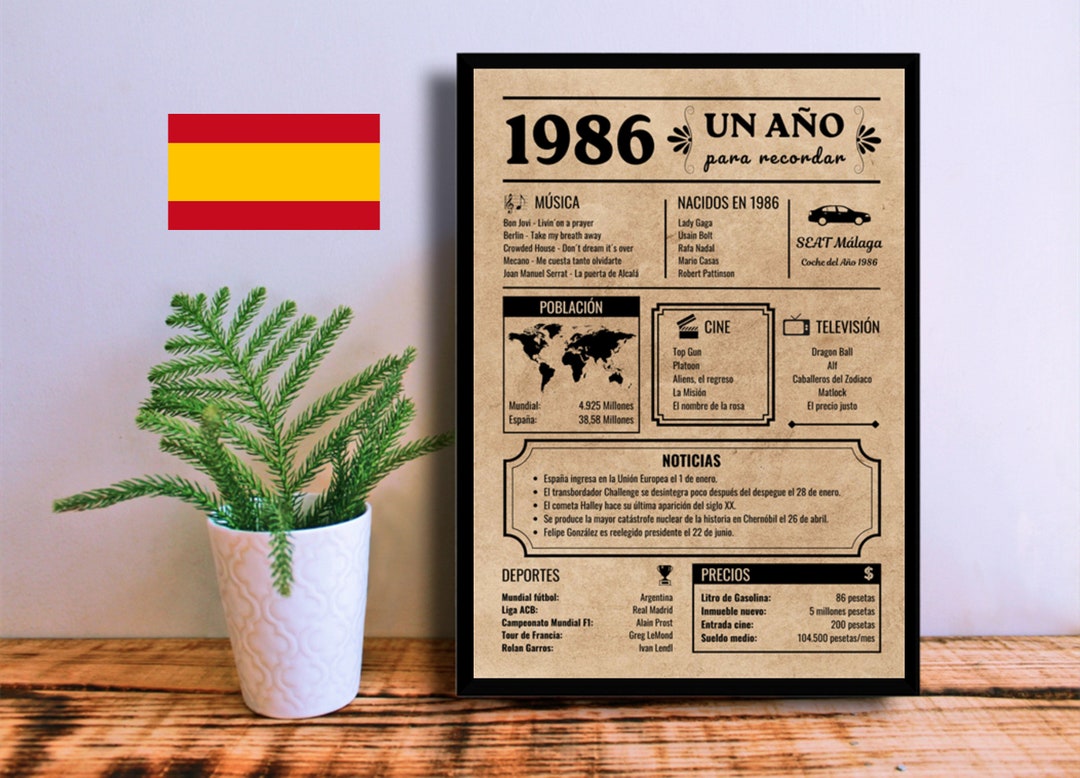 Spanish Birthday Poster 1986 Printable Newspaper / Sign Instant ...