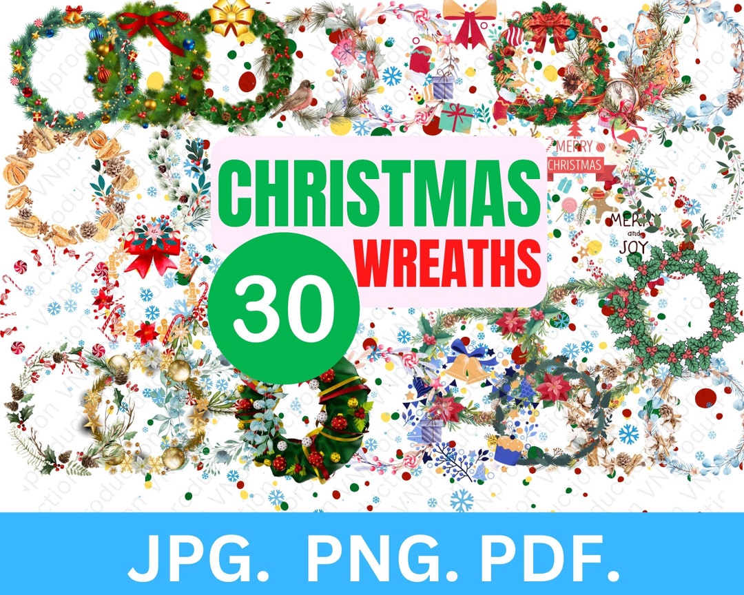 30 Christmas Wreaths Bundle, Christmas Wreath Sublimation Designs ...