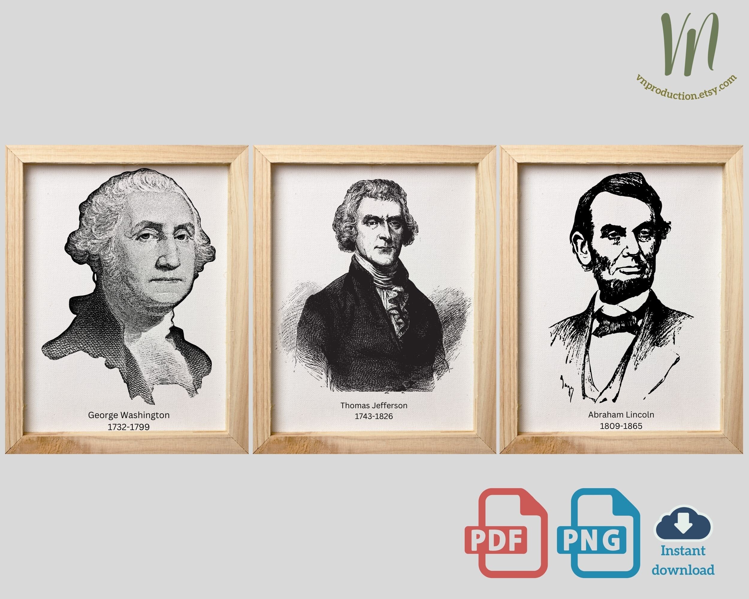 George Washington, Thomas Jefferson, Abraham Lincoln, Black and White ...