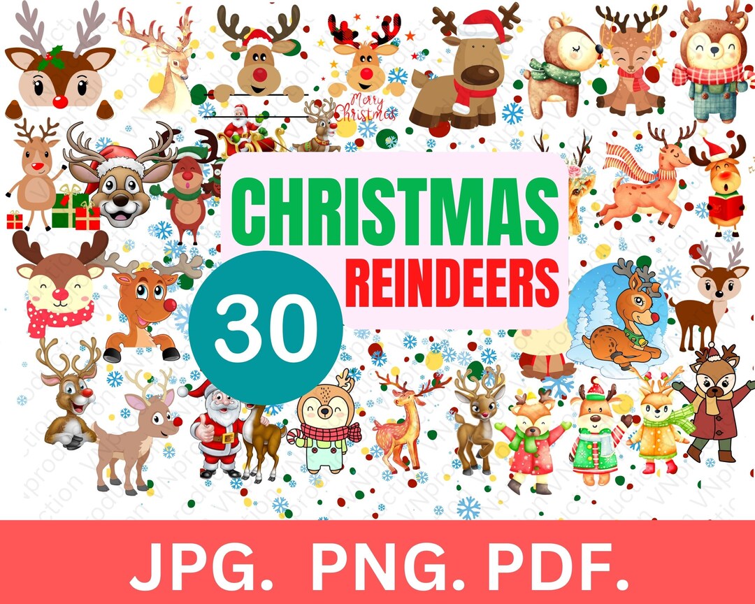 30 Christmas Reindeer Bundle, Christmas Reindeer Sublimation Designs ...