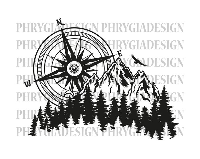 Compass and Mountains Svg, Compass and Forest Svg, Adventure Awaits Svg ...
