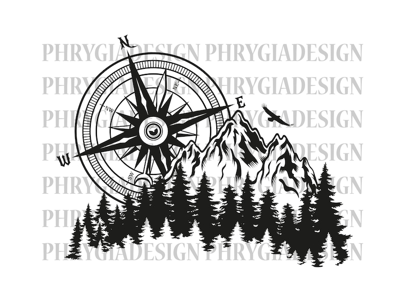 Compass and Mountains Svg Png , Compass Svg , Forest Svg , Nature Svg ...