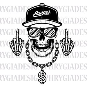 Rapper Skull Svg Png , Rapper Cool Skull Svg , Skull Middle Finger Svg ...