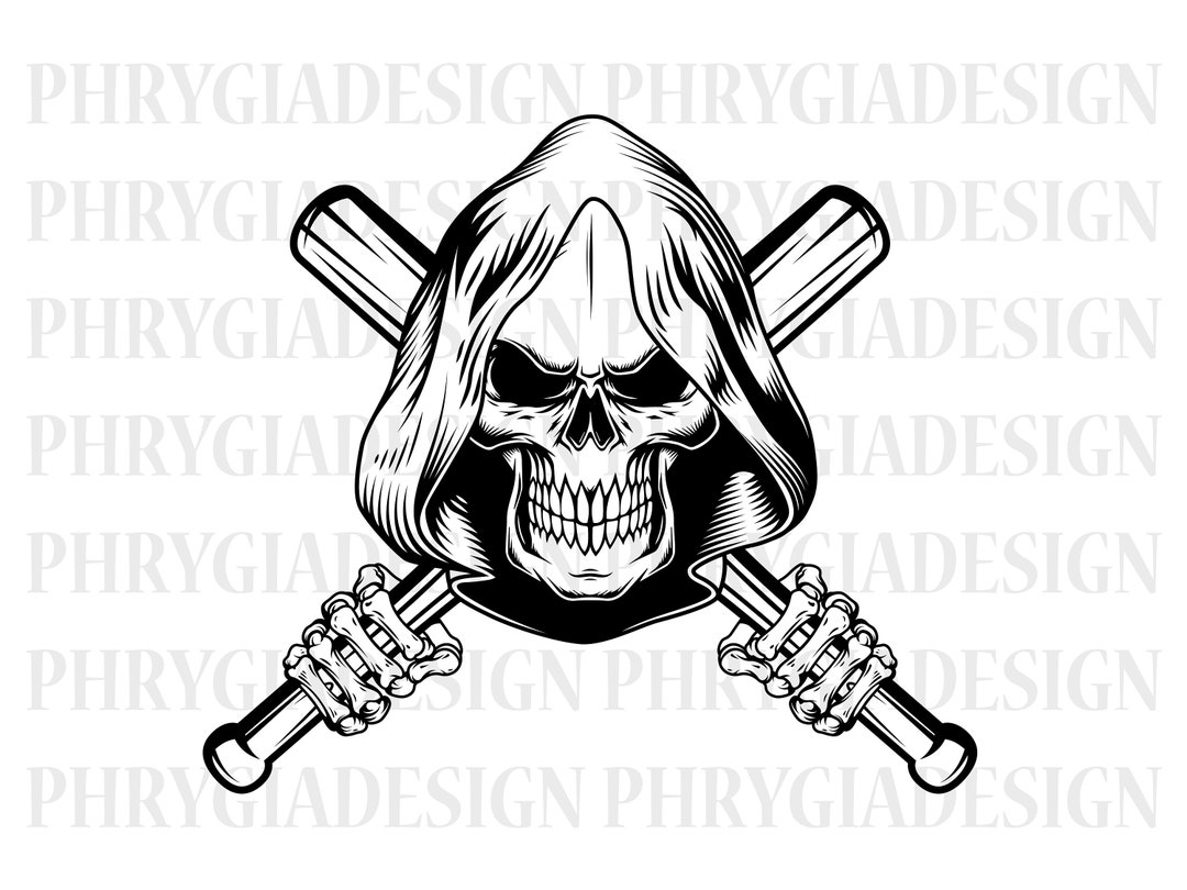 Baseball Skull With Crossed Bats Svg Png , Grim Reaper Svg , Softball ...