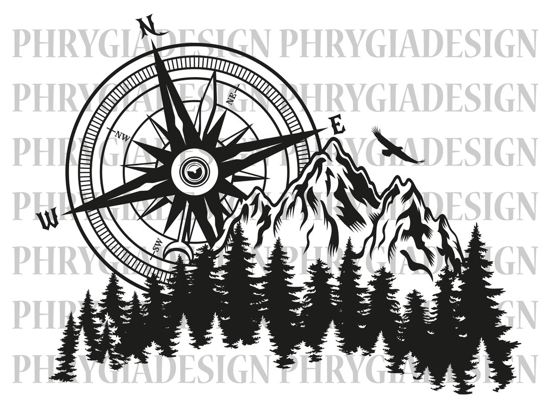Compass and Mountains Svg Png Compass Svg Forest Svg - Etsy