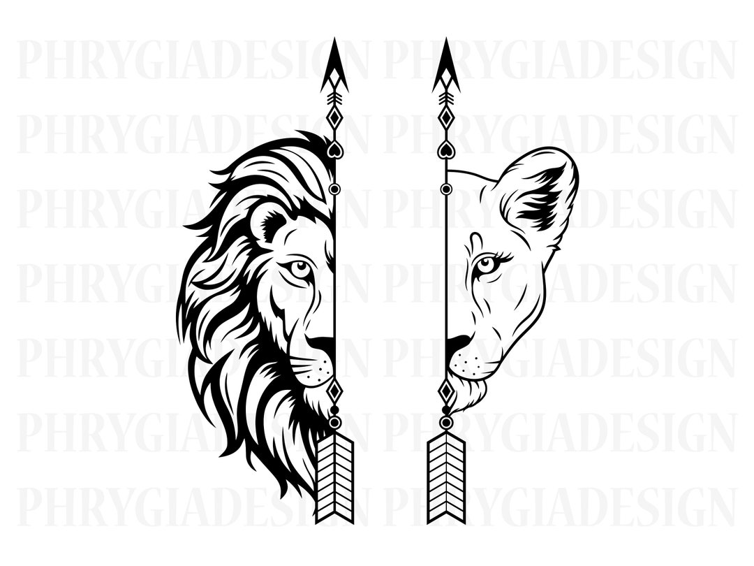 Arrow Lion Couple Svg , Half Lion Face Svg , Male Female Lion Head Svg ...