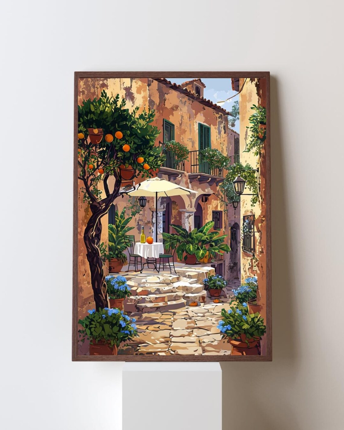 Mediterranean Courtyard Digital Print – Rustic Italian Village Scene ...