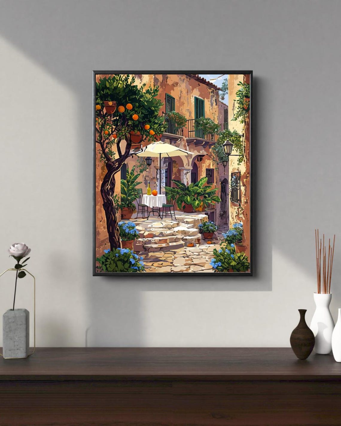Mediterranean Courtyard Digital Print – Rustic Italian Village Scene ...