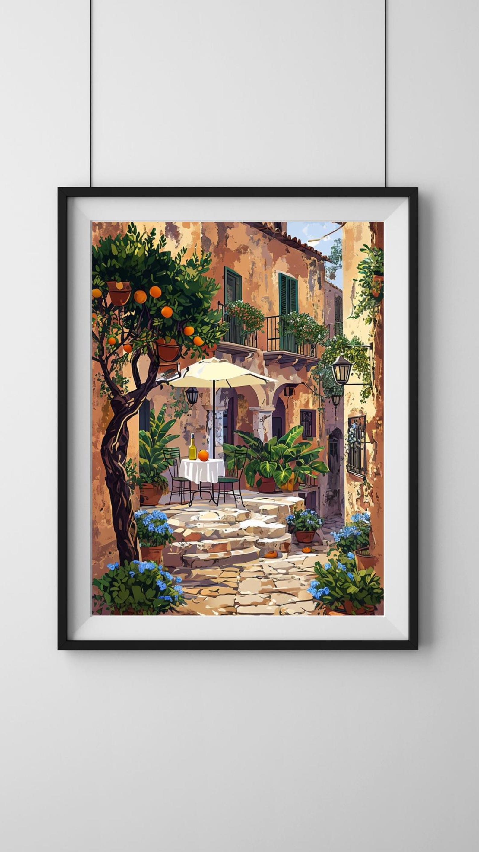 Mediterranean Courtyard Digital Print – Rustic Italian Village Scene ...