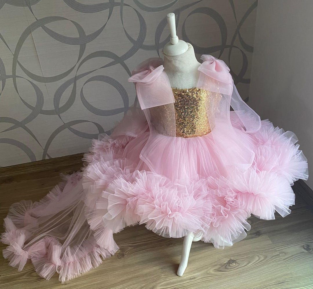 Pink and Gold Sequin Tutu Dress: Long Train Birthday Celebration Attire ...
