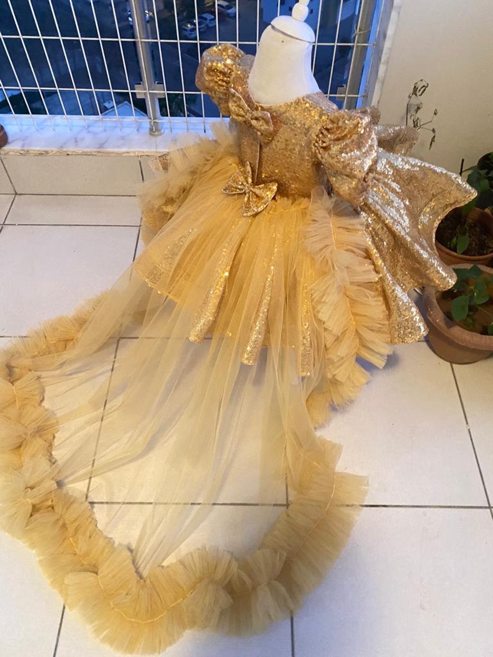 Gold Princess Tutu Dress With Train: Metallic Flower Girl Gown - Etsy