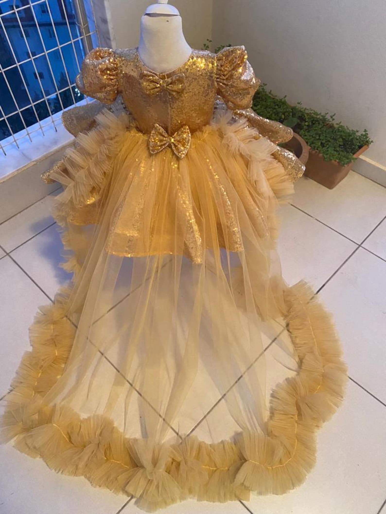 Gold Princess Tutu Dress With Train: Metallic Flower Girl Gown - Etsy
