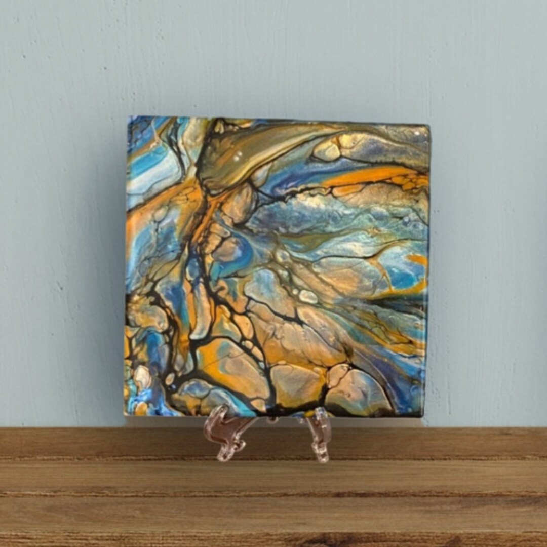Blues and Golds Trivet or Plaque Acrylic Pour - Etsy