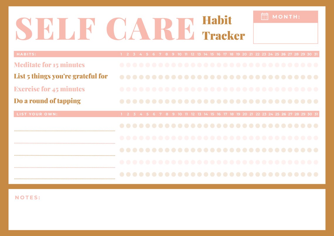 Monthly Self Care Habit Tracker for Personal Life, Printable Healthy ...