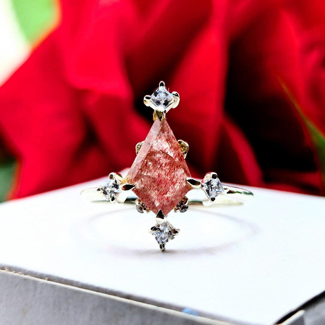 Strawberry Quartz Ring | Pear Cut Gemstone Ring | Rose Gold Sterling ...
