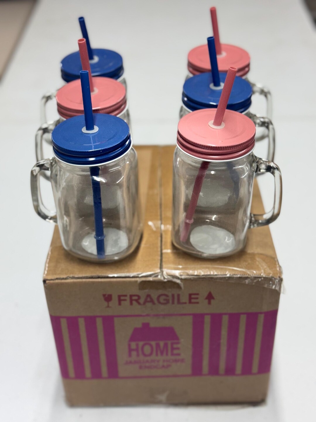 Colorful Mason Jar Set 6 Pink and Blue Jars W/ Straws for Parties and ...