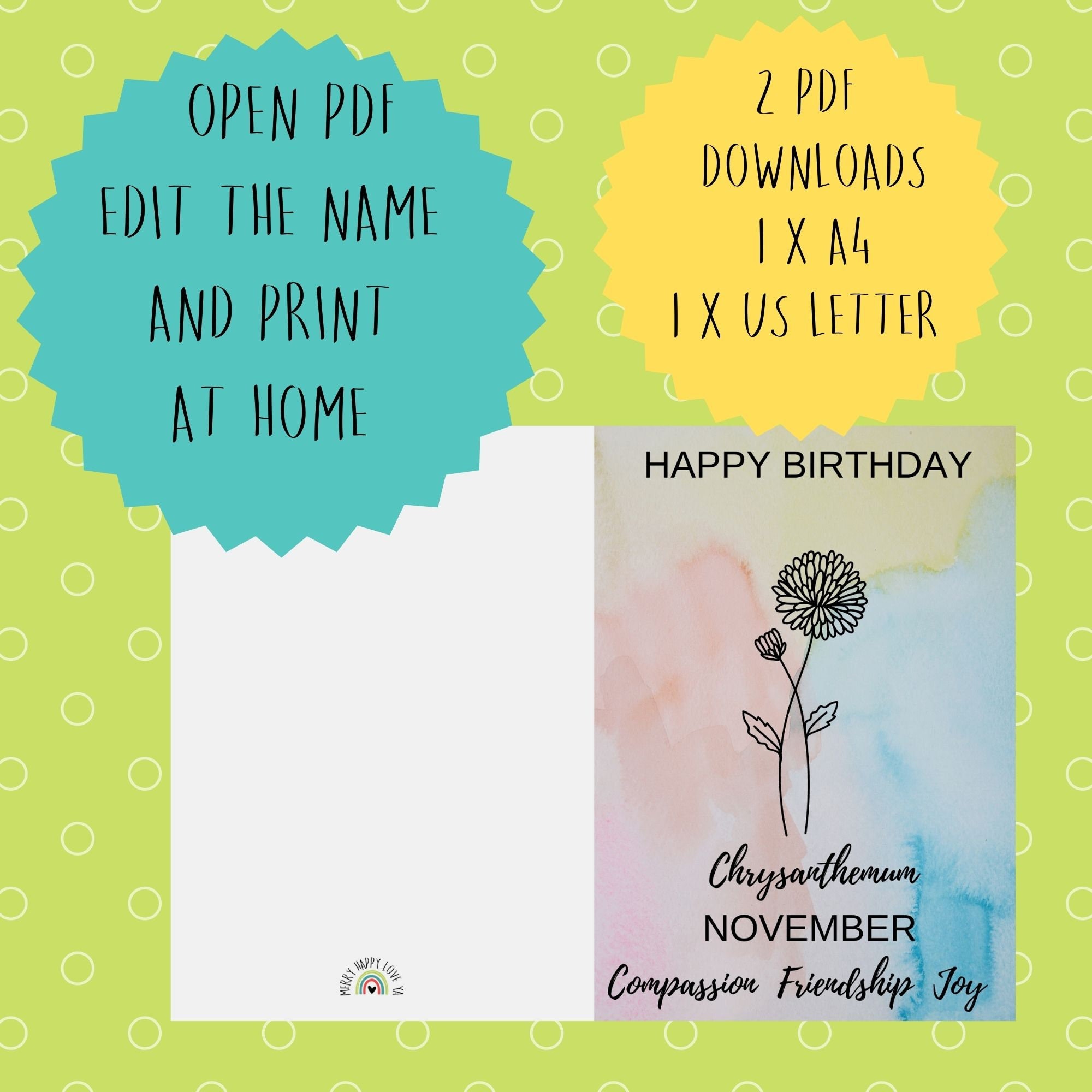 November Birth Flower Card PRINTABLE and EDITABLE - Etsy