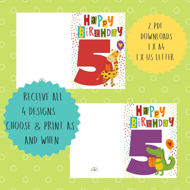 5th Birthday Card Printable, Set of 4 Childrens 5 Card, to Print at ...