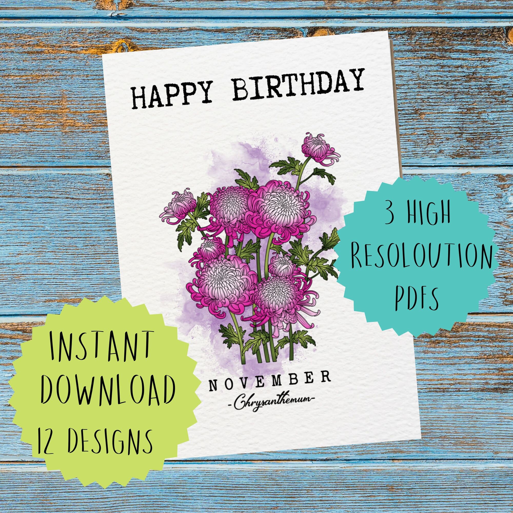 Birth Month Birthday Card PRINTABLE Birthday Flower Cards for Each ...