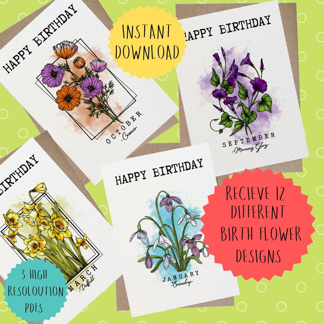 Birth Month Birthday Card PRINTABLE Birthday Flower Cards for Each ...