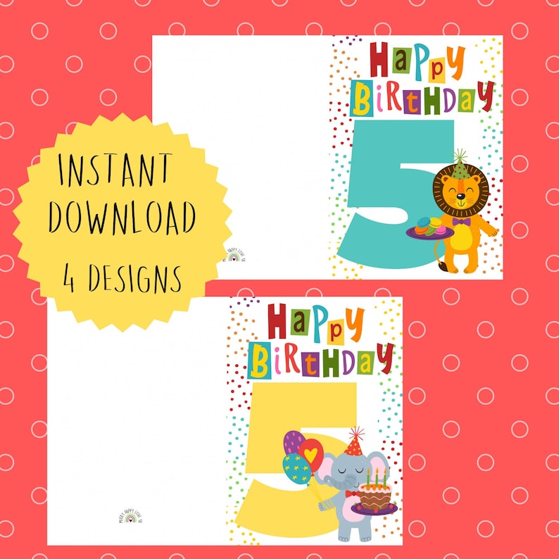 5th Birthday Card Printable Set of 4 Childrens 5 Card to - Etsy