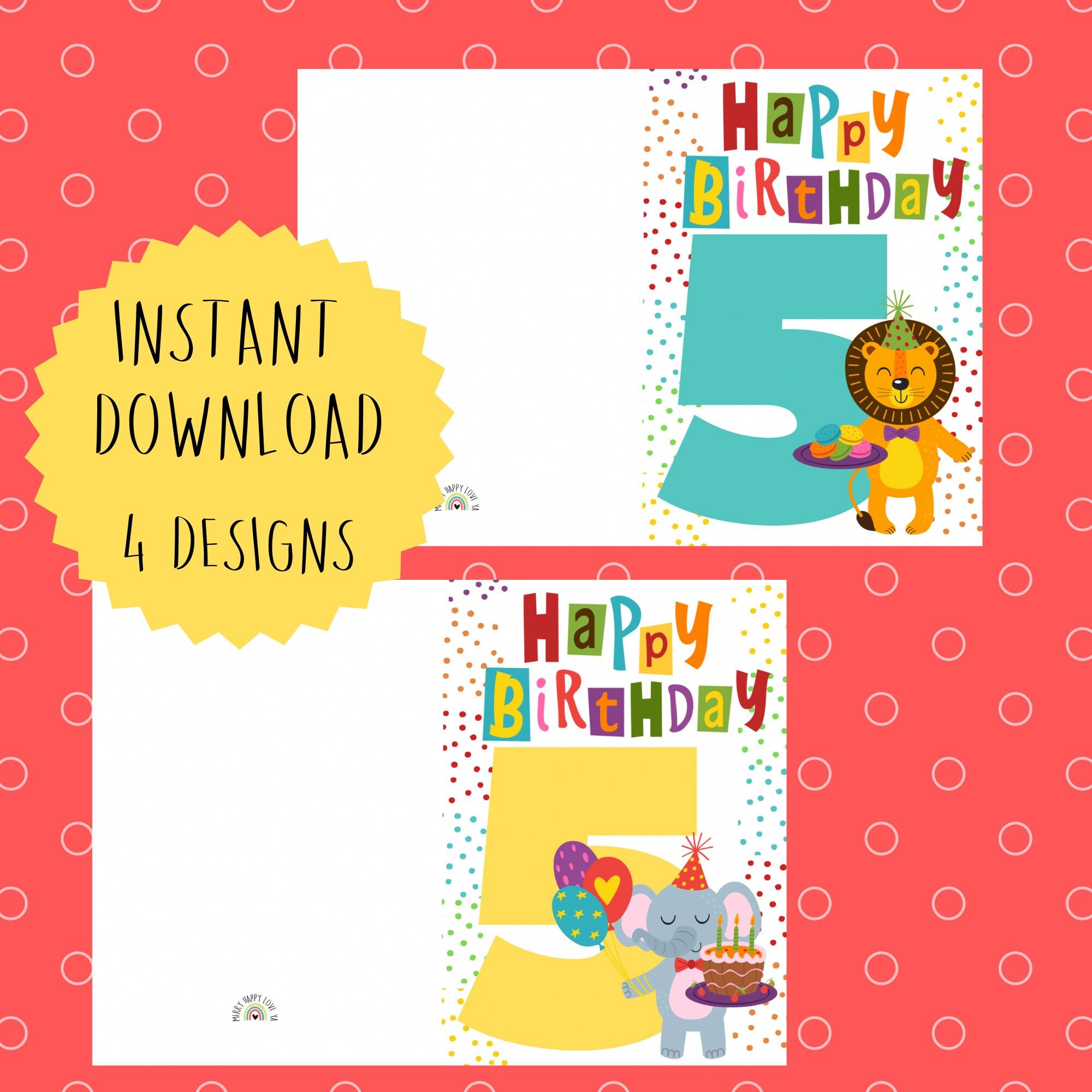 5th Birthday Card Printable Set of 4 Childrens 5 Card to - Etsy